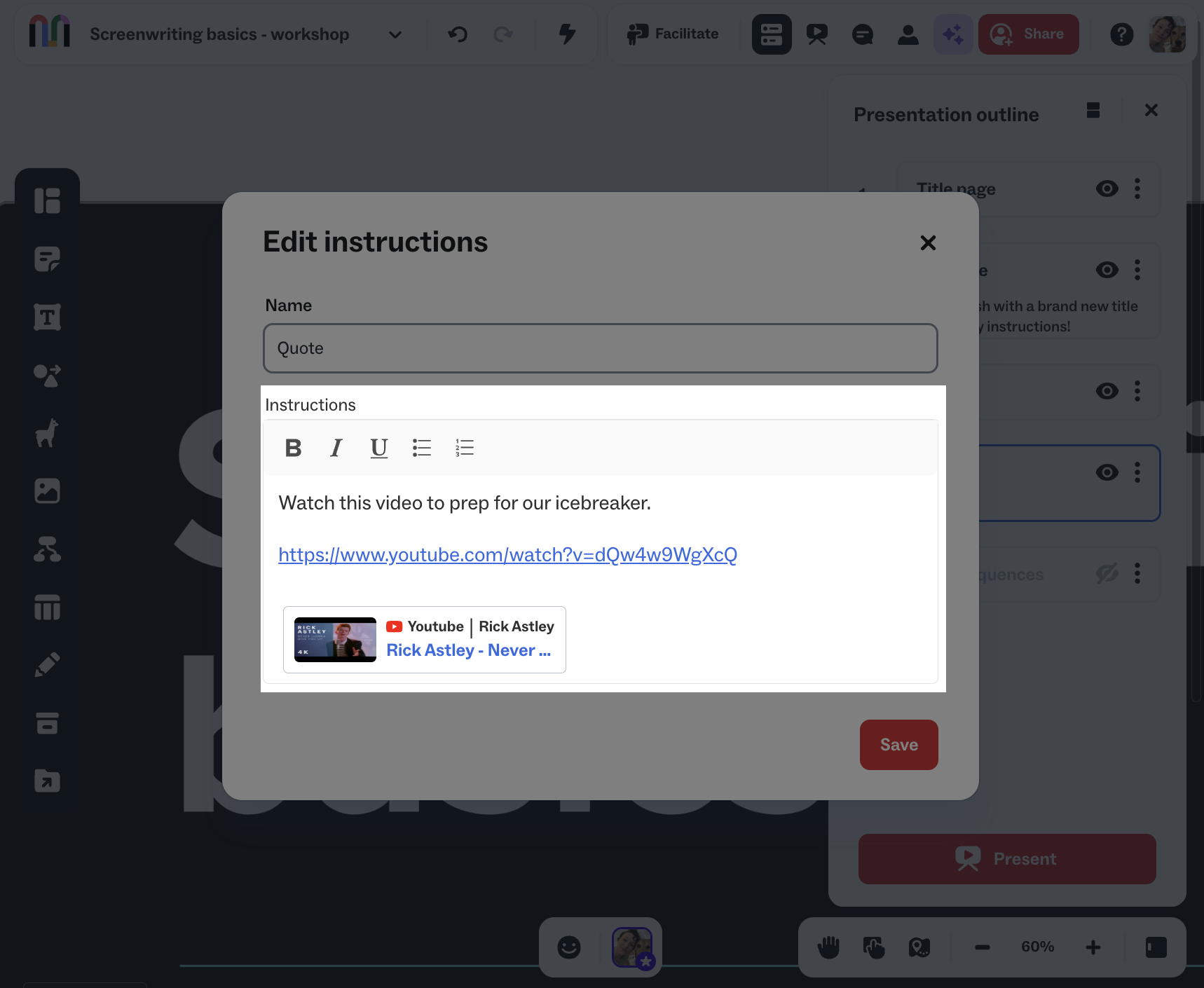 Embed a YouTube video in a mural's outline